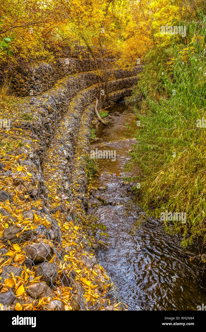 Rocky stream bank with mesh wire and golden leaves Stock Photo - Alamy