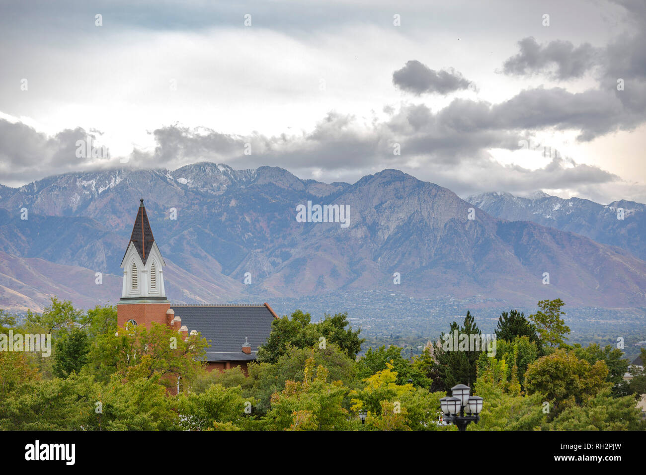 Salt Lake City landscape with church steeple Stock Photo - Alamy