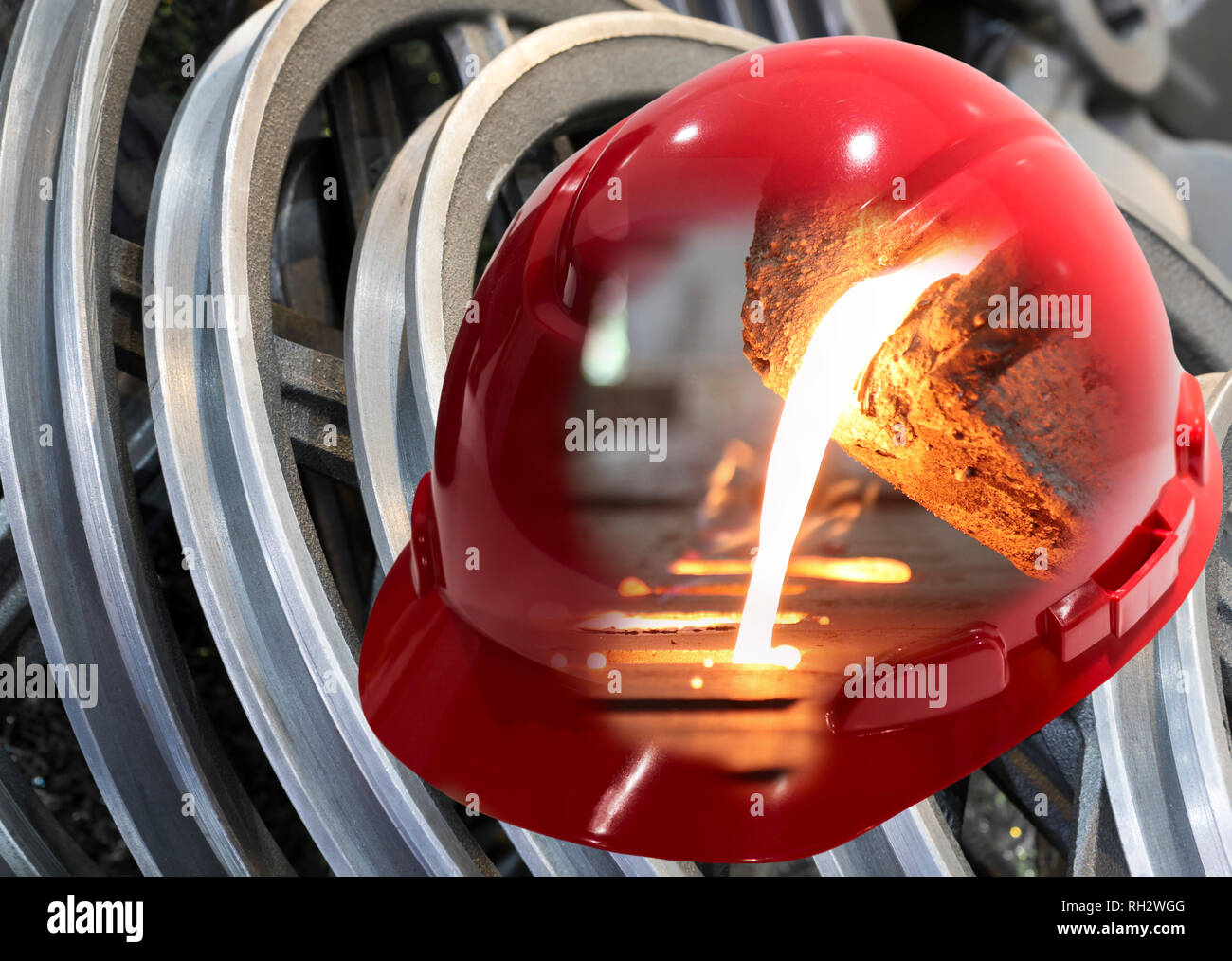 Red Safety helmet with double exposure ; iron casting product ...