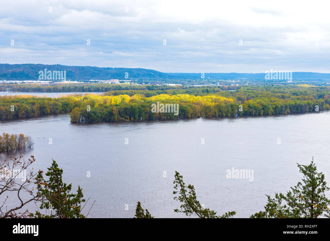 overlooking mississippi river and wooded islets from atop bluffs in ...