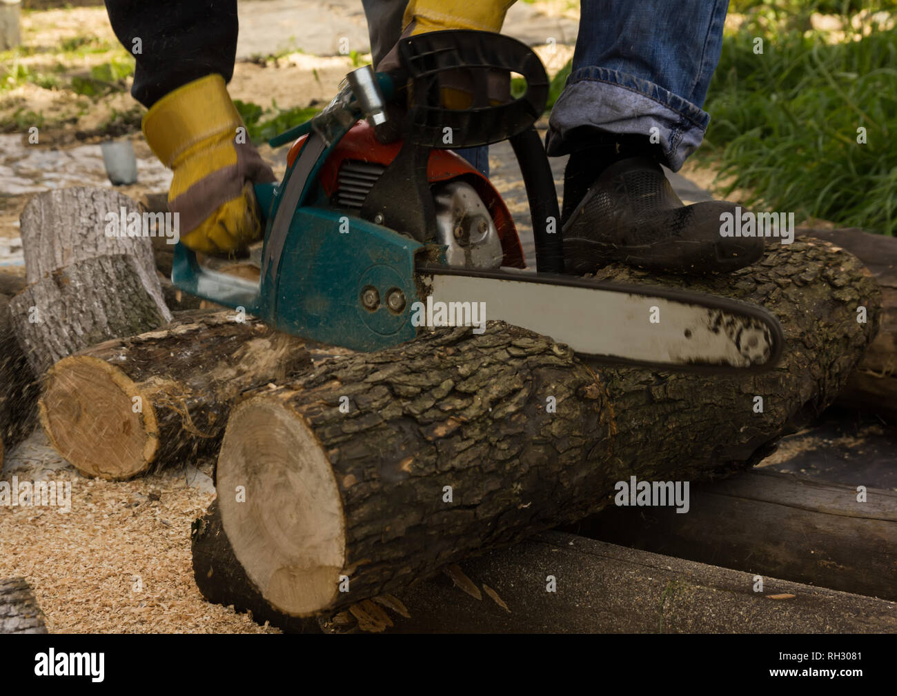 chainsaw on the background of sawn logs. firewood for the winter Stock ...