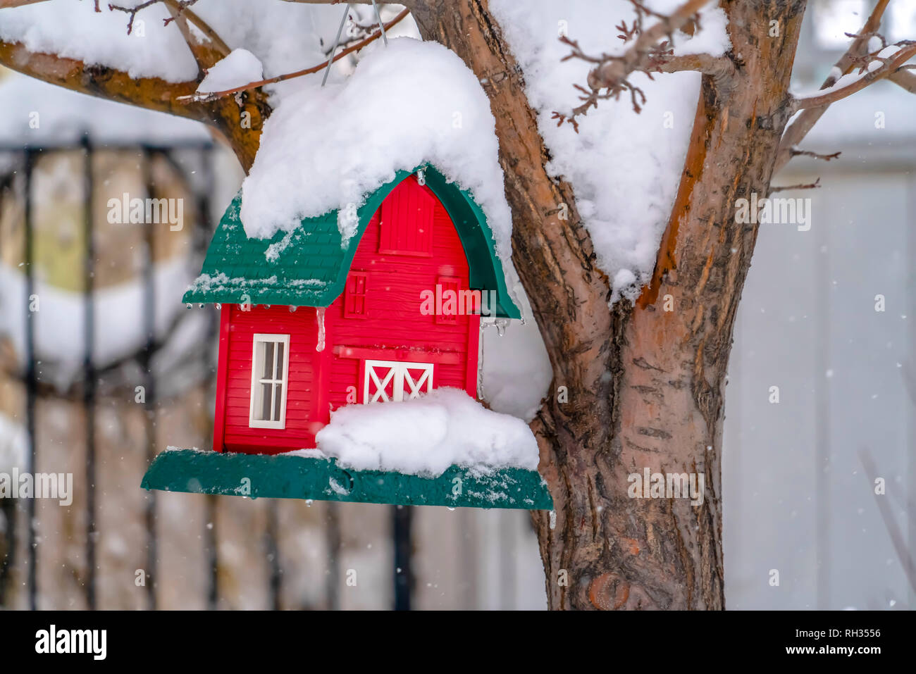 Winter scenery with miniature house on a tree Stock Photo - Alamy