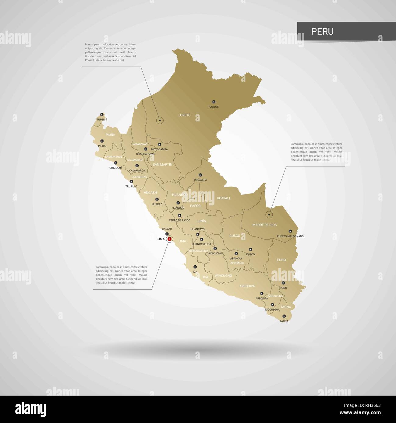 Stylized vector Peru map. Infographic 3d gold map illustration with ...