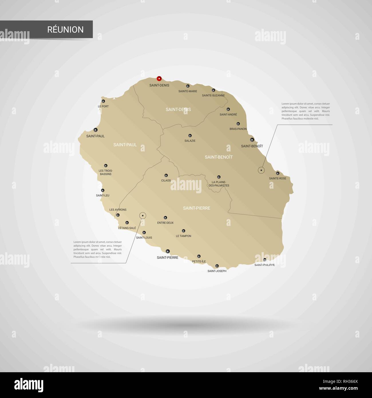Stylized vector Reunion map. Infographic 3d gold map illustration with ...