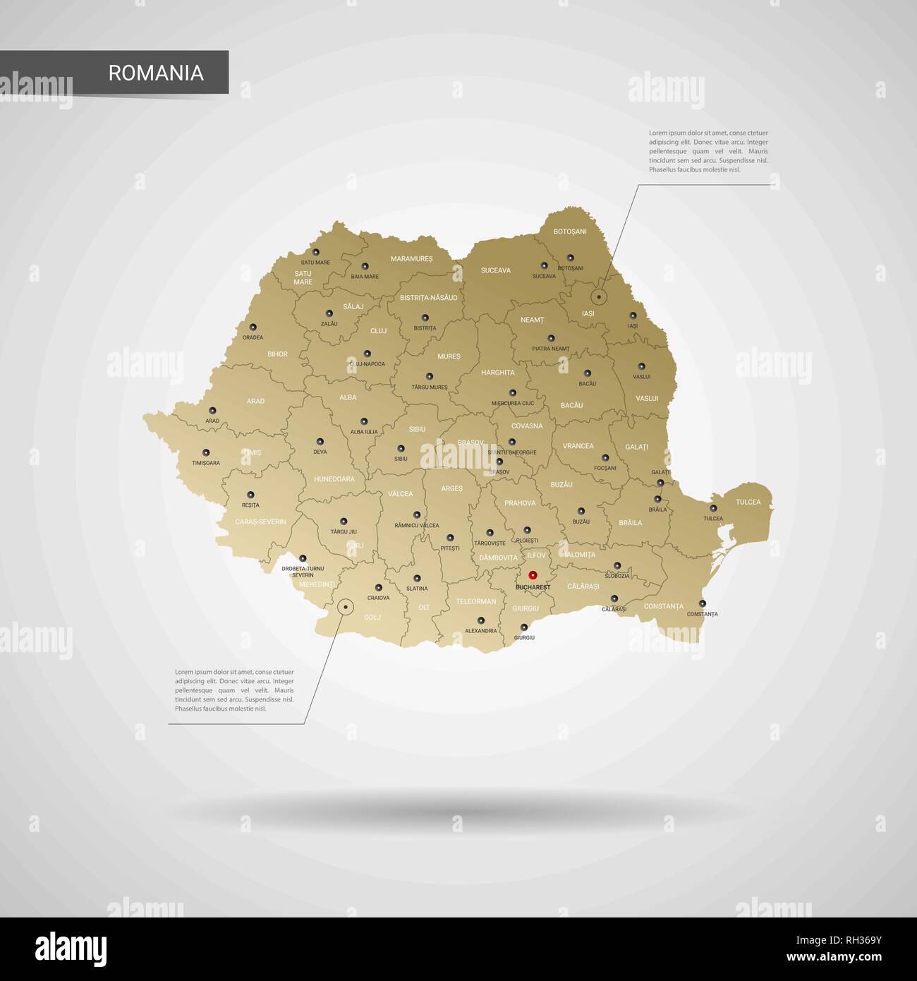 Stylized vector Romania map. Infographic 3d gold map illustration with ...