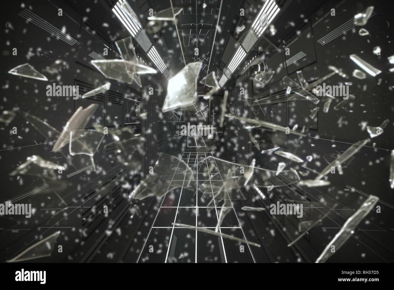 crashes glass into a spaceship corridor 3d illustration Stock Photo - Alamy