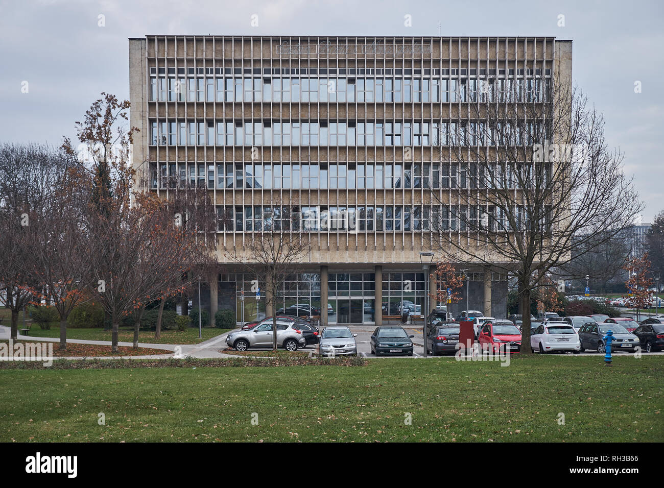 The brutalist architecture of a government office . In Zagreb, Croatia ...