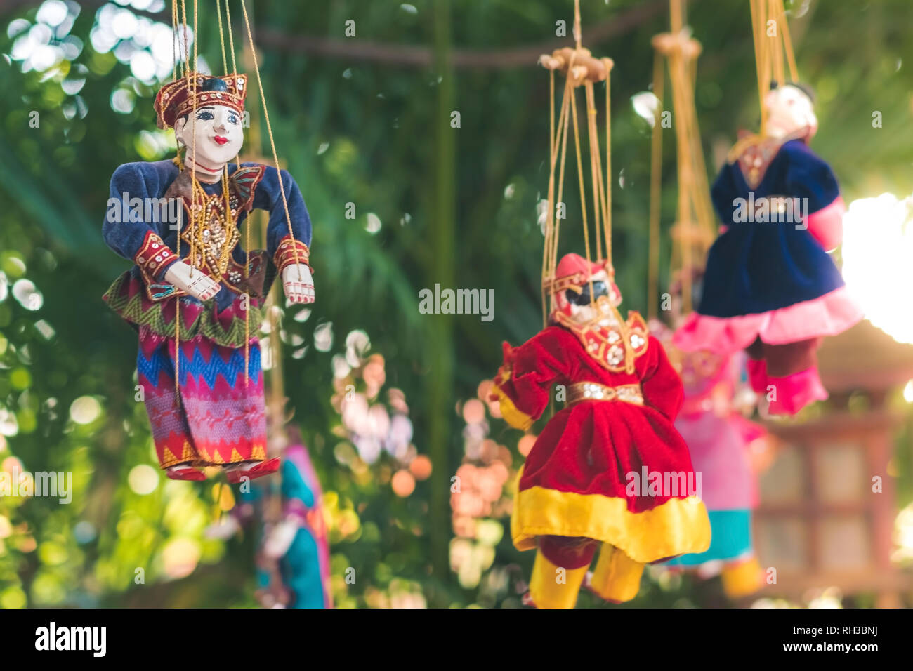 Traditional handicraft puppets for sale in the ancient pagoda in Bagan ...