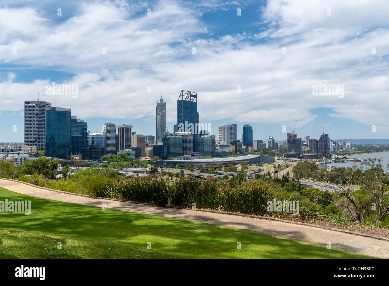 Complete skyline of Perth seen from Kingspark including Elizabeth Quay ...