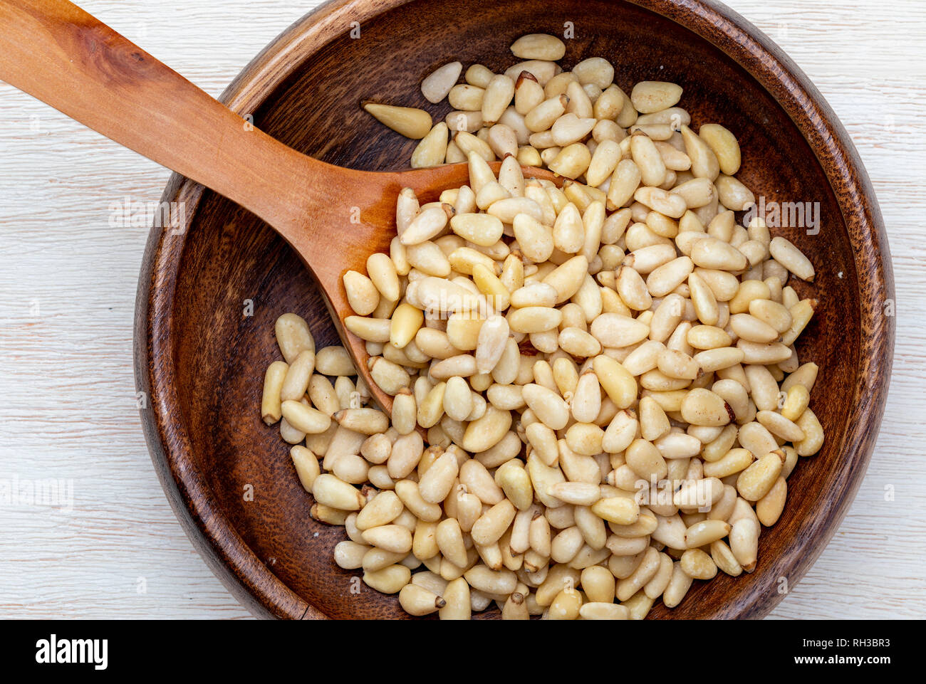 Peeled pine nuts. Aerial view (from above, top view). Foreground (Close ...