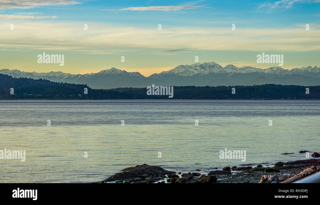 A view of the Olympic Mountain across the Puget Sound at sunset Stock ...