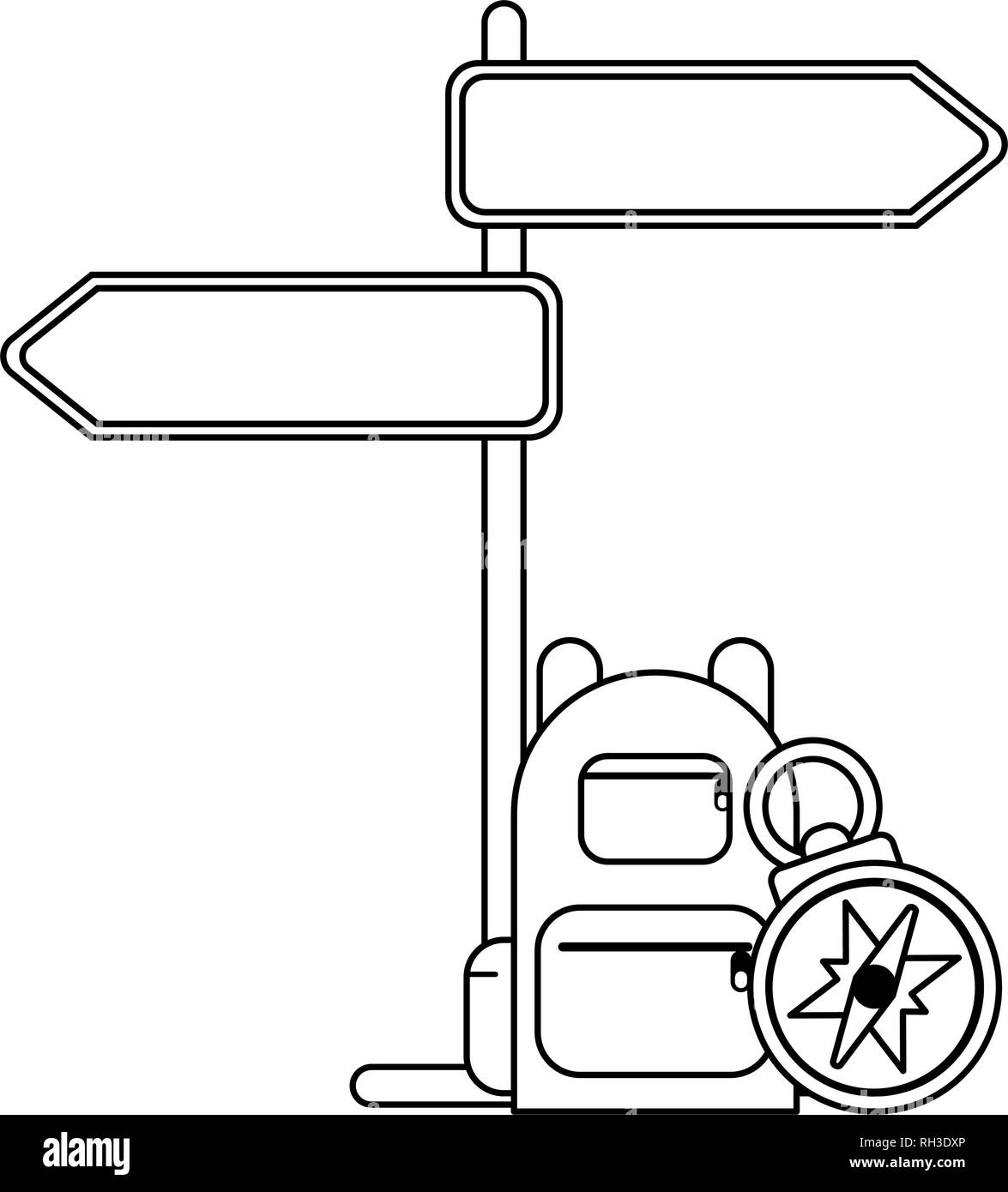street sign post backpack and navigation compass in black and white ...