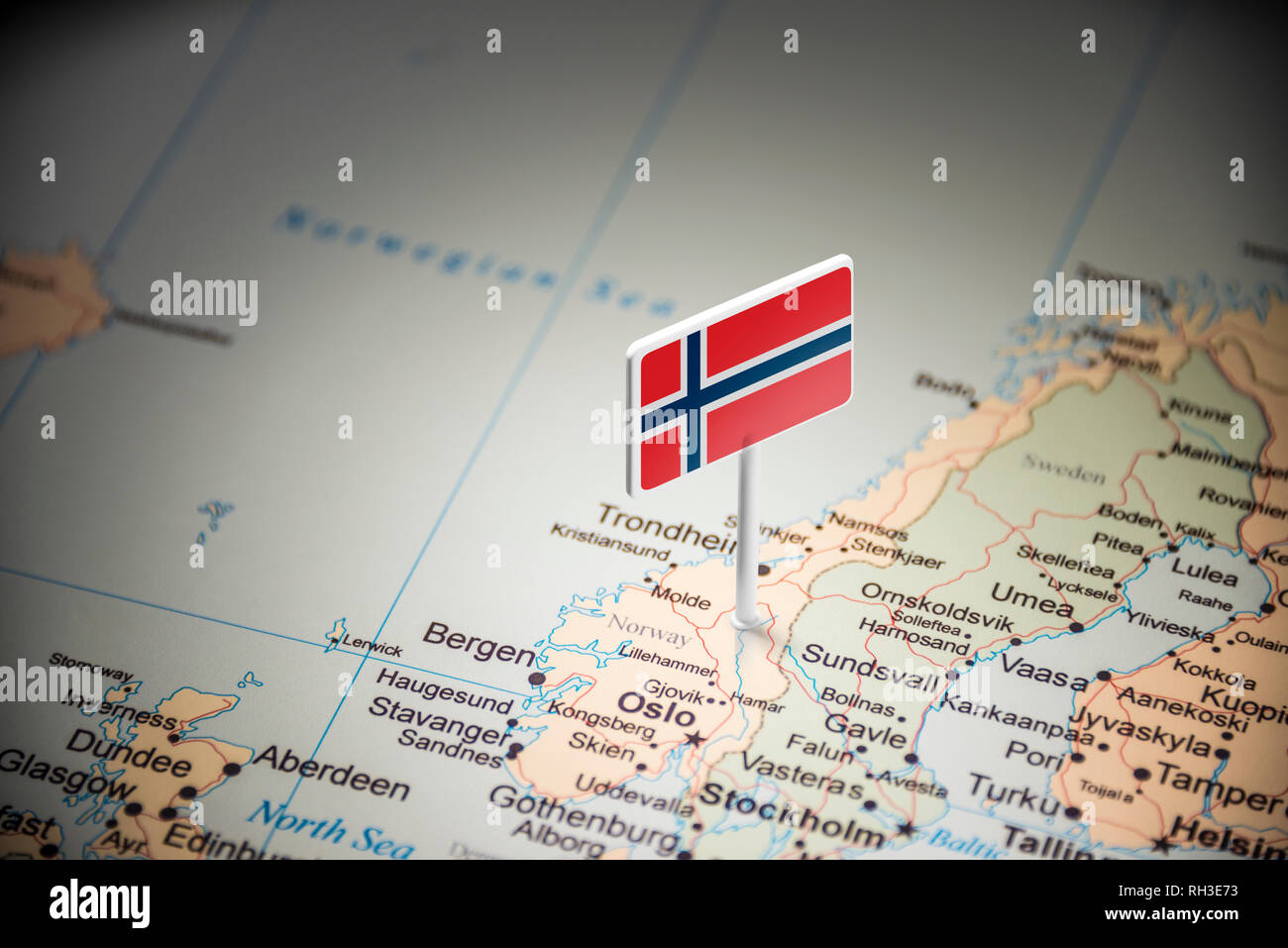 Norway marked with a flag on the map Stock Photo - Alamy
