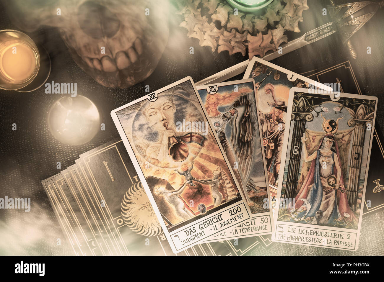 View of tarot card on the table Stock Photo - Alamy