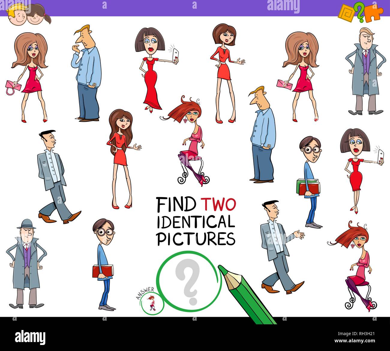 Cartoon Illustration of Finding Two Identical Pictures Educational Game ...