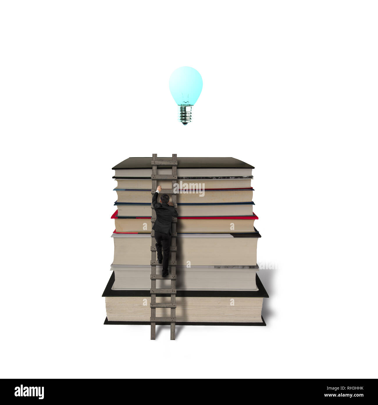 Businessman climbing on stack of books with wooden ladder and growing ...