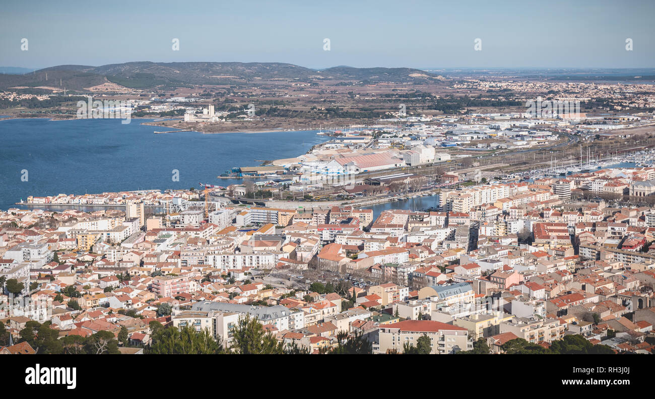 Sete, France - January 4, 2019: Aerial view of historic city center and ...