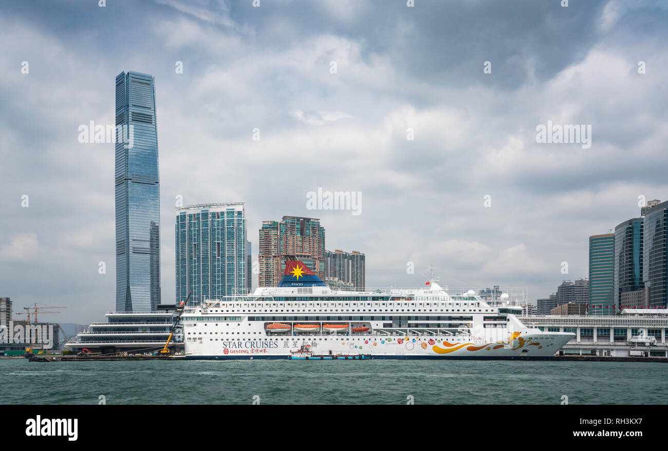 The Kowloon skyline with a Star Cruises cruise ship at the Port of Hong ...