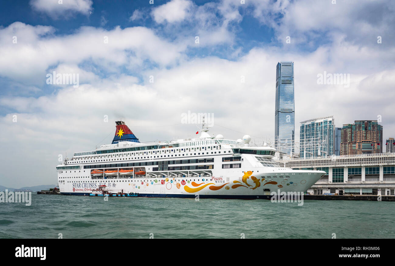 The Kowloon skyline with a Star Cruises cruise ship at the Port of Hong ...