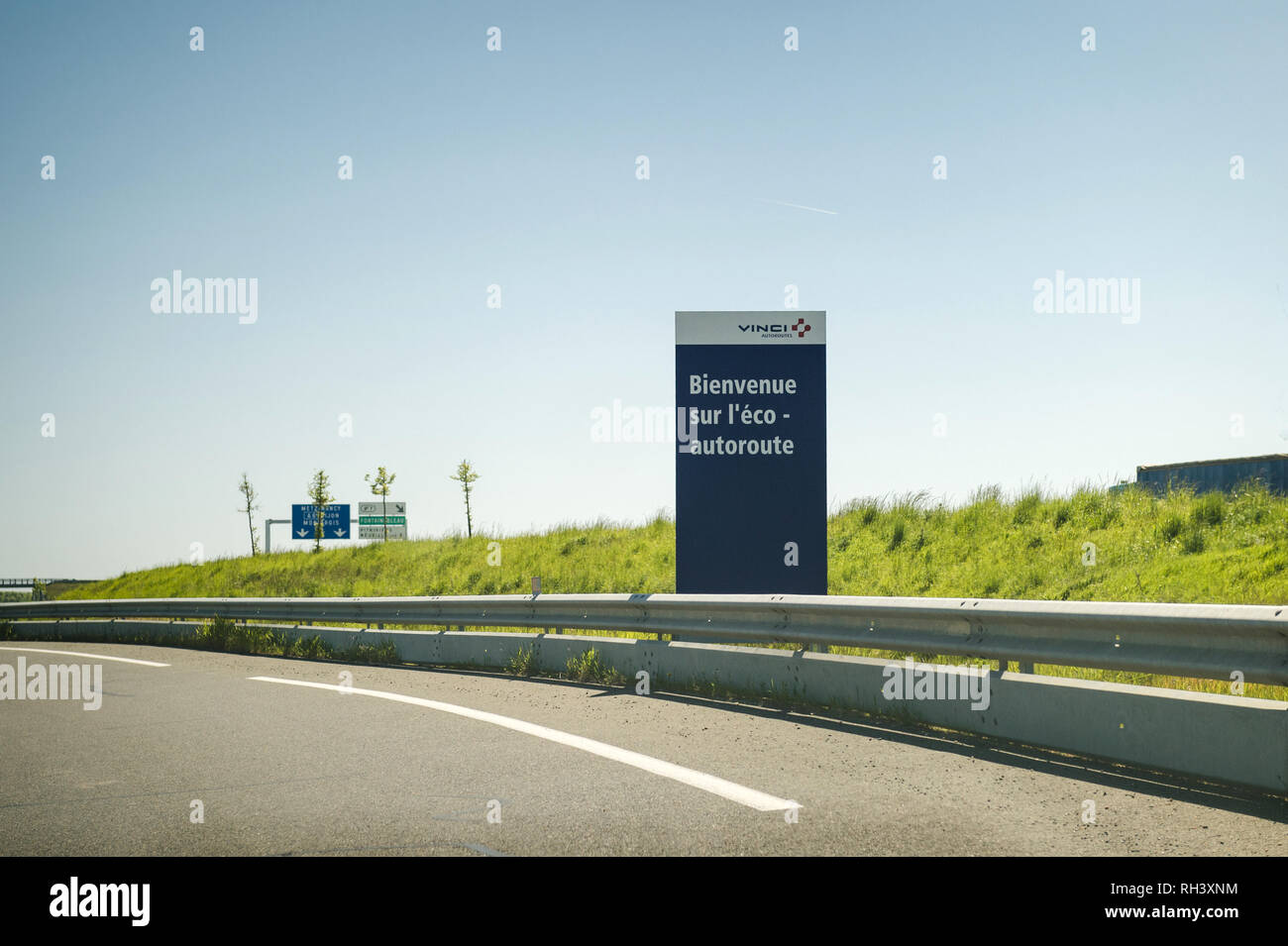 FRANCE - MAY 5, 2016: Driver POV at the Welcome to VINCI eco-autoroutes ...