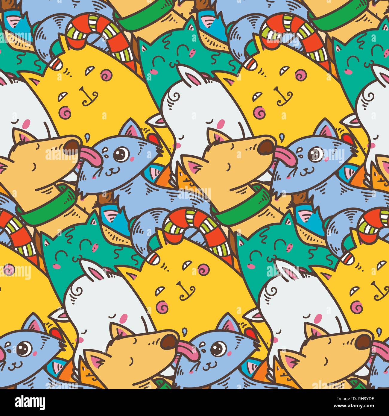 Seamless pattern with cute domestic animals. Kawaii doodle pets. Vector ...