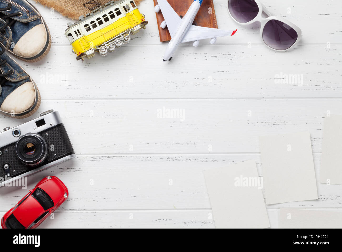 Travel vacation background concept with hat, camera, passport, car ...