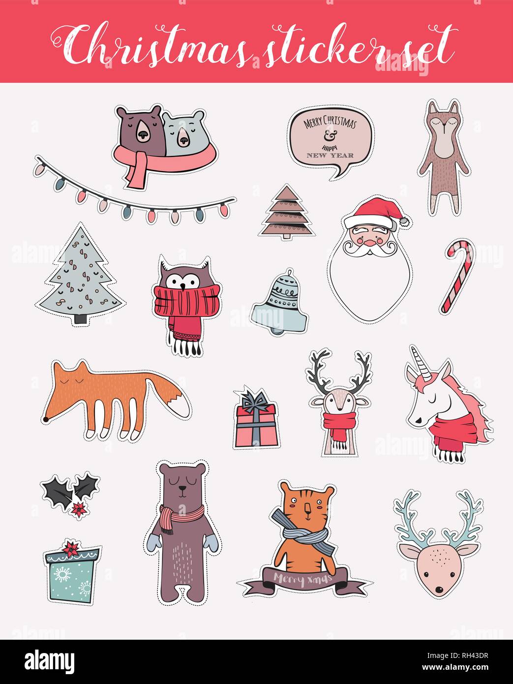 colorful christmas and winter sticker set. vector illustration Stock ...