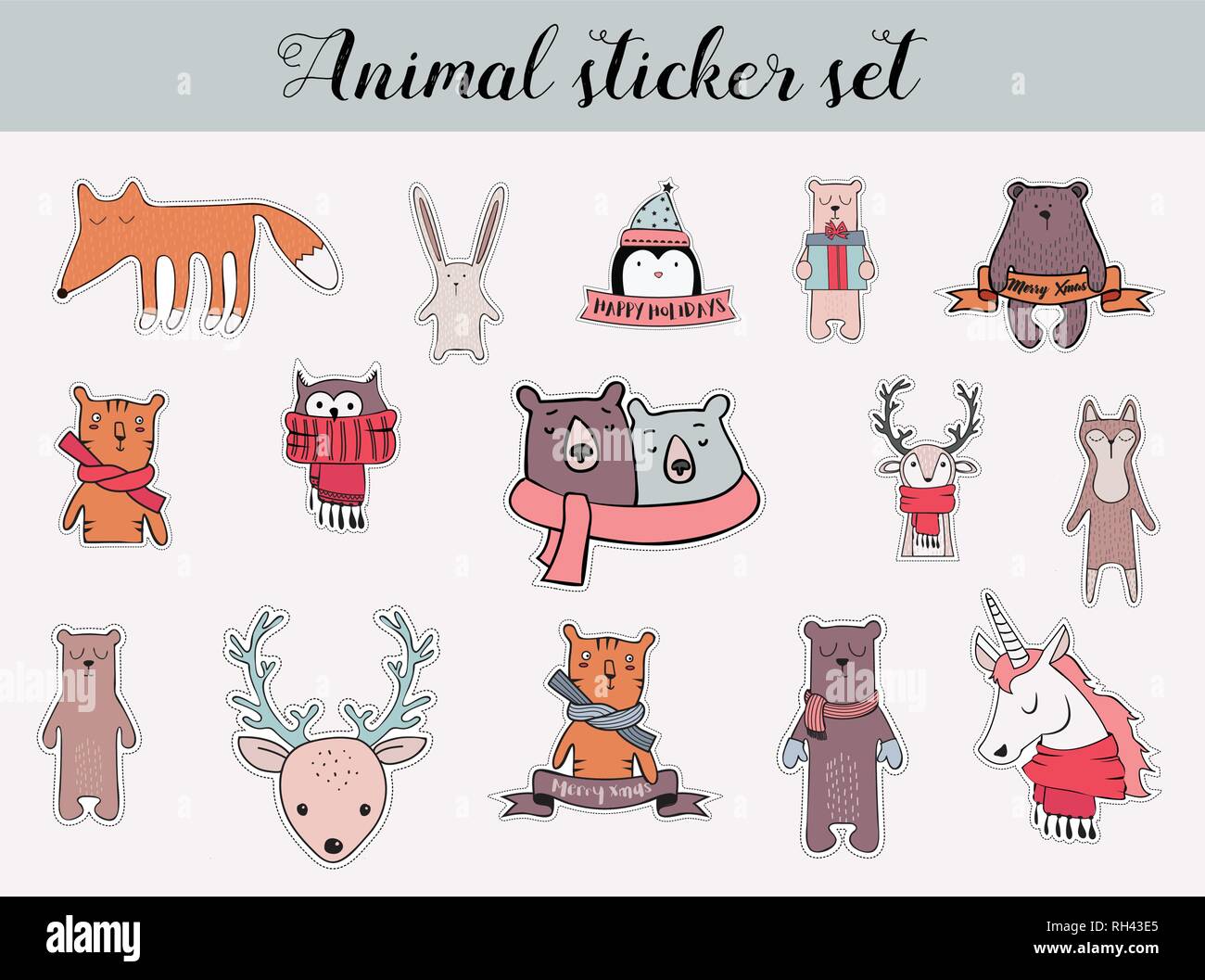 colorful christmas and winter animal sticker set. vector illustration ...