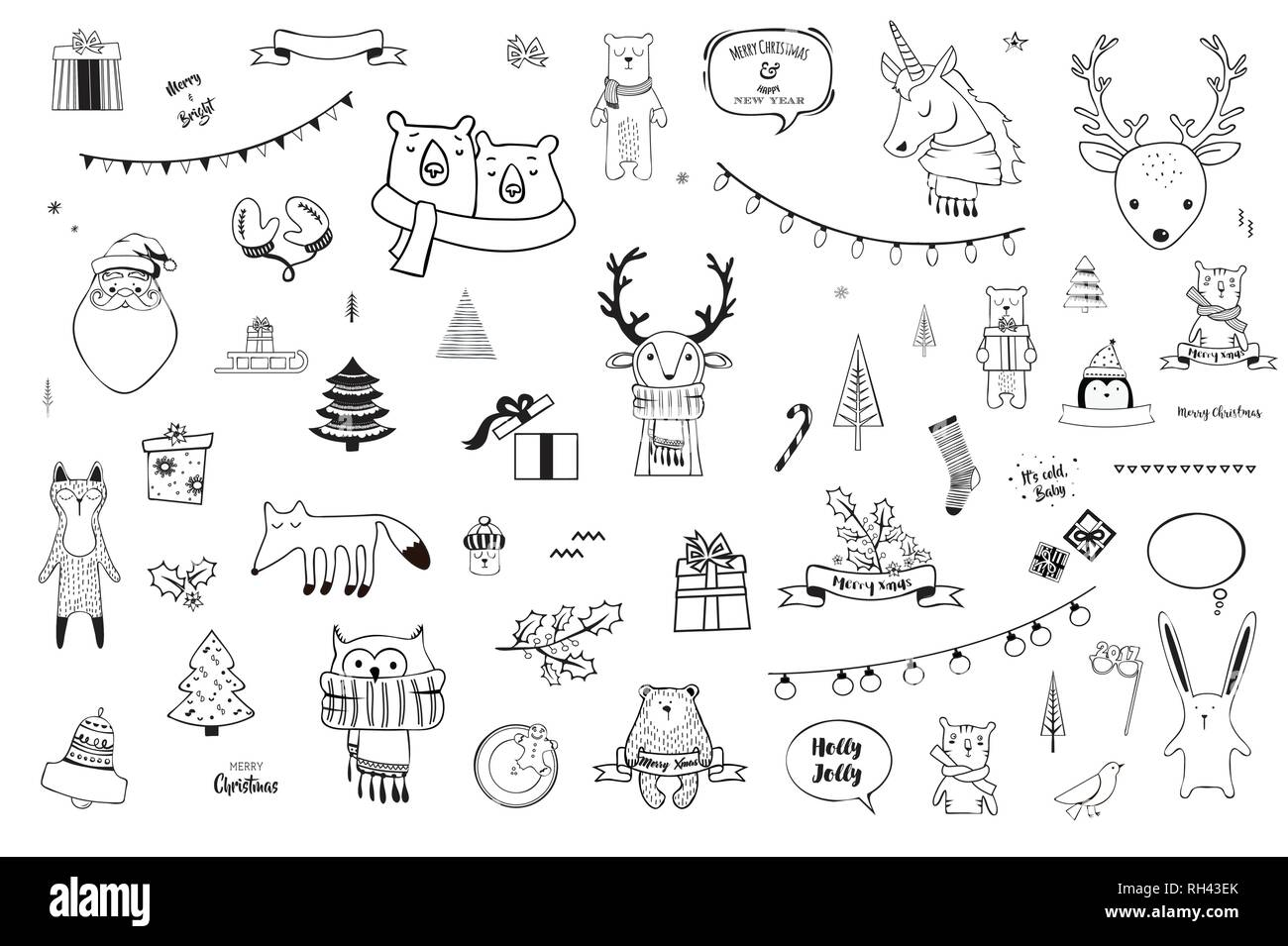 black and white christmas and winter doodle set vector illustration ...