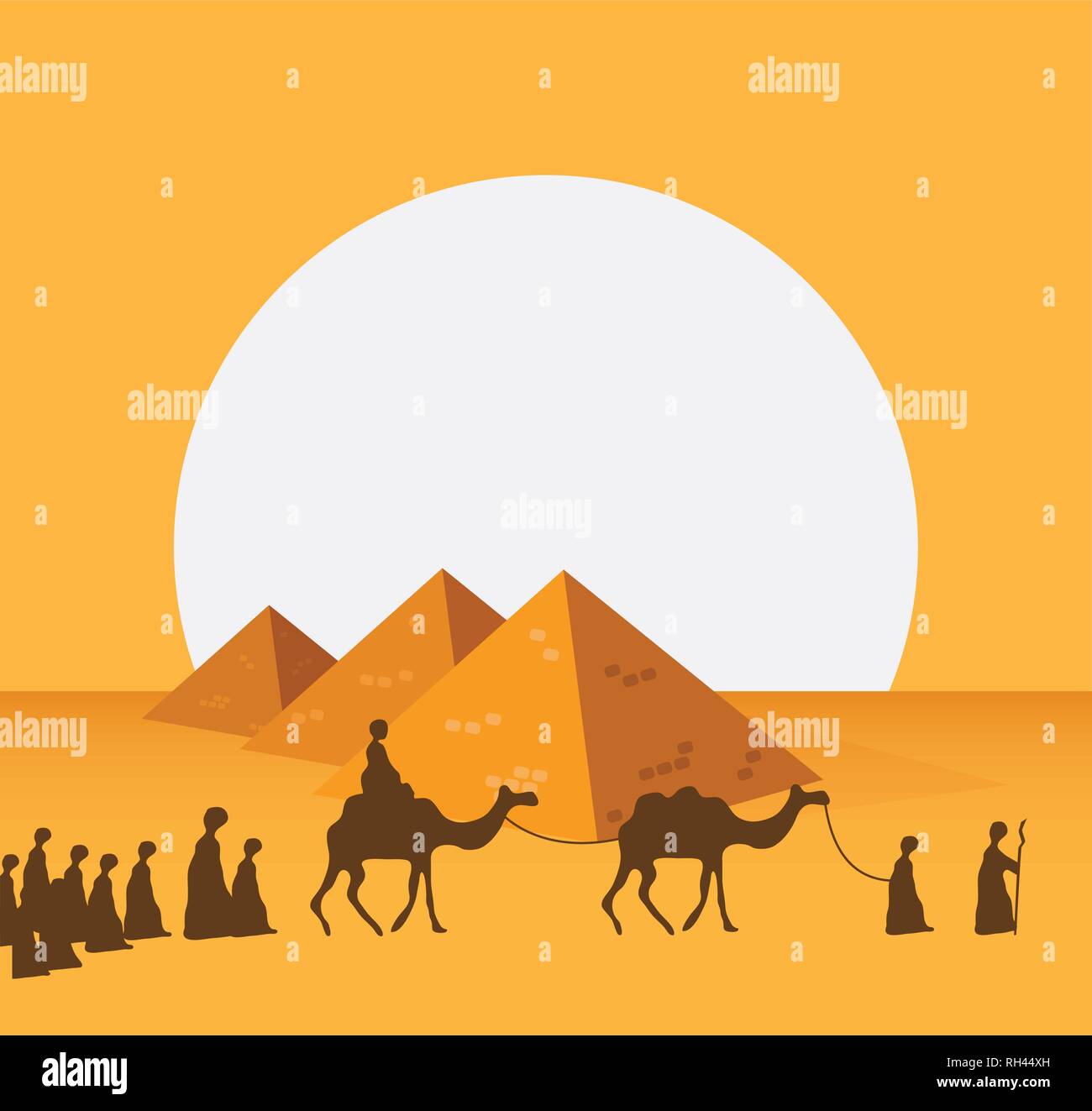 Group of People with Camels Caravan Riding in Realistic Wide Desert ...