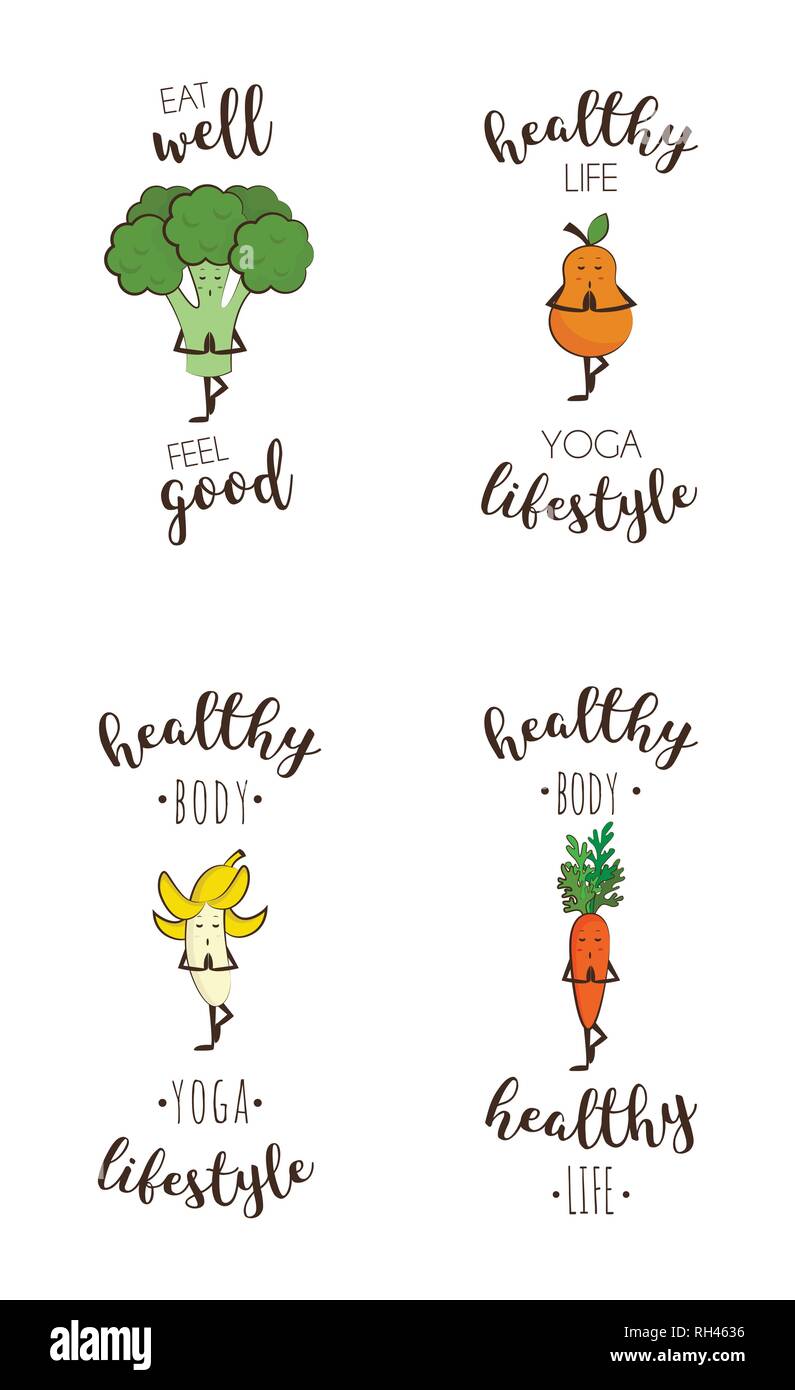 Set of cute posters of fruits and vegetables doing sport with inspiring ...