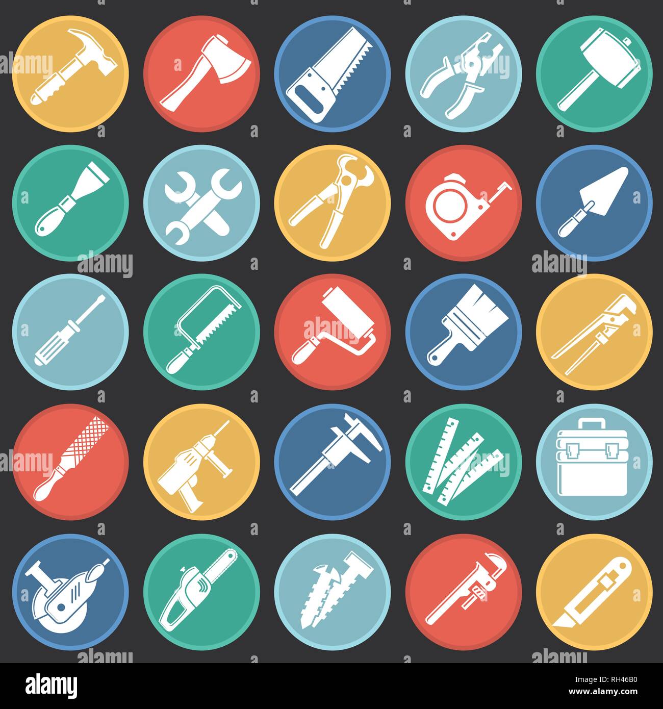 Tools icons set on color circles black background for graphic and web ...