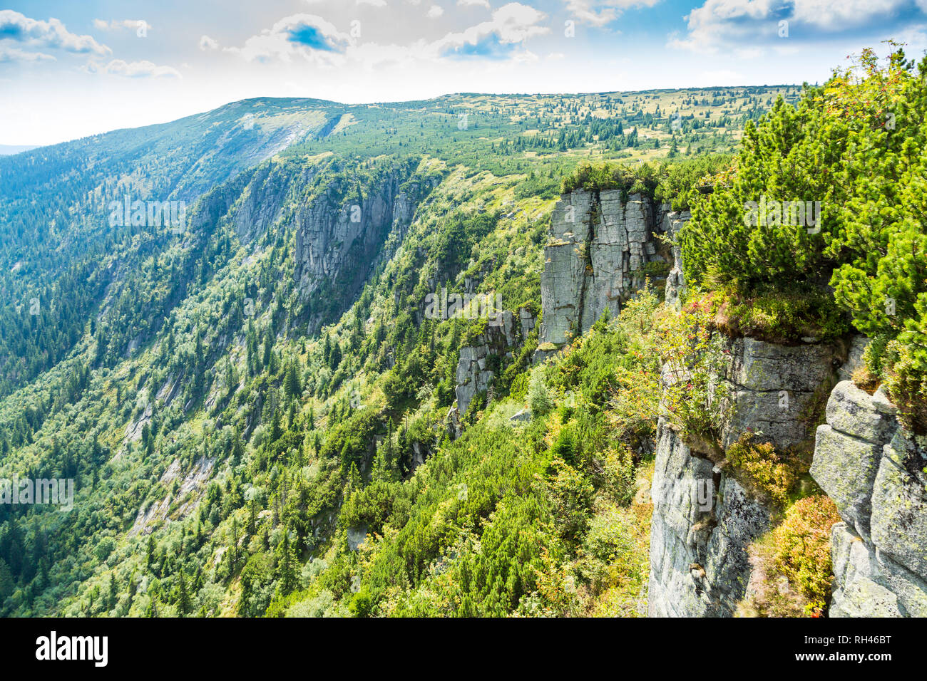 Scenic sight of czech giant mountains valley and rock formation at ...