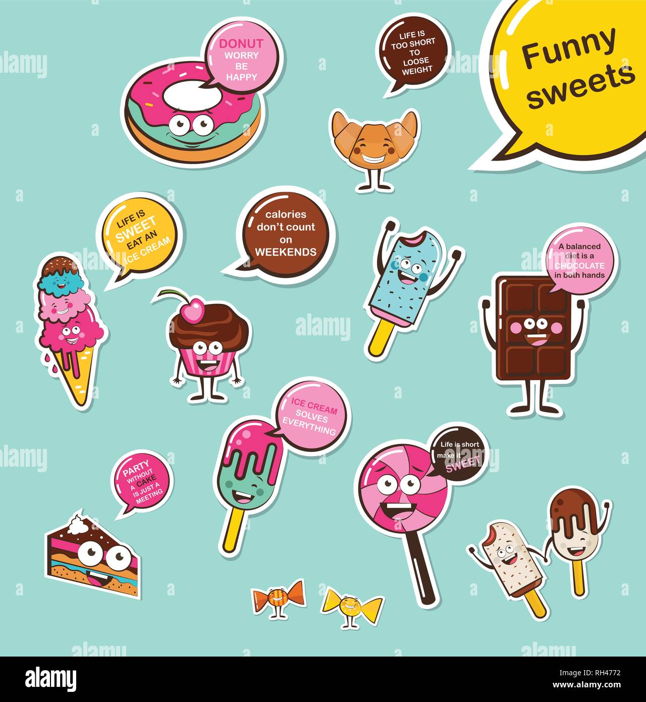 set of funny desserts and sweets. Cartoon face food emoji. Funny food ...