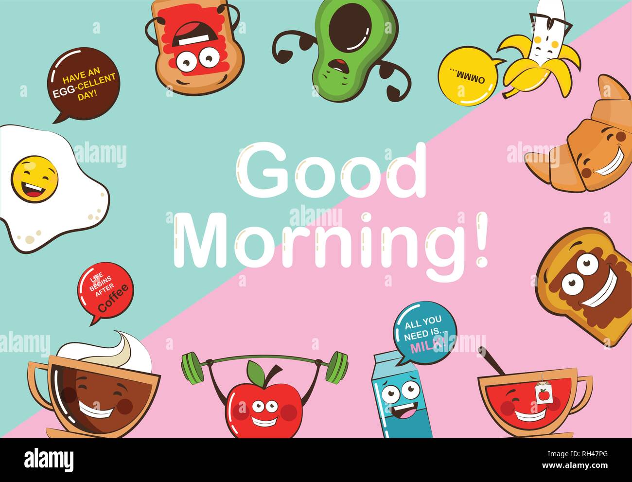 set of funny breakfast food icons. Cartoon face food emoji. Funny food ...