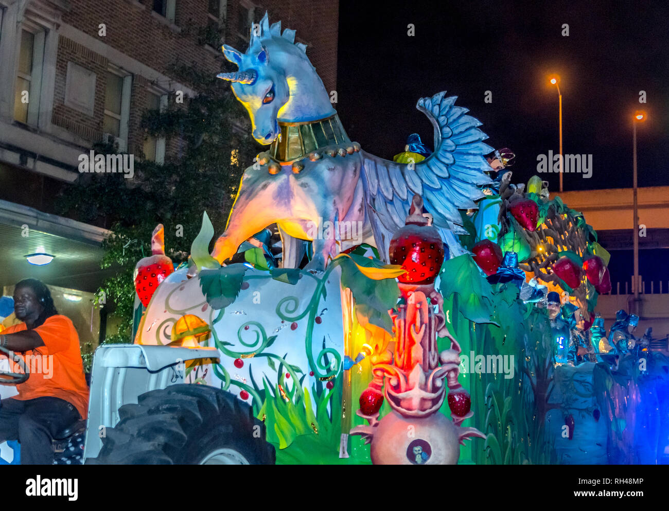 A float rolls down St. Charles Avenue at the Krewe of Hermes Mardi Gras ...