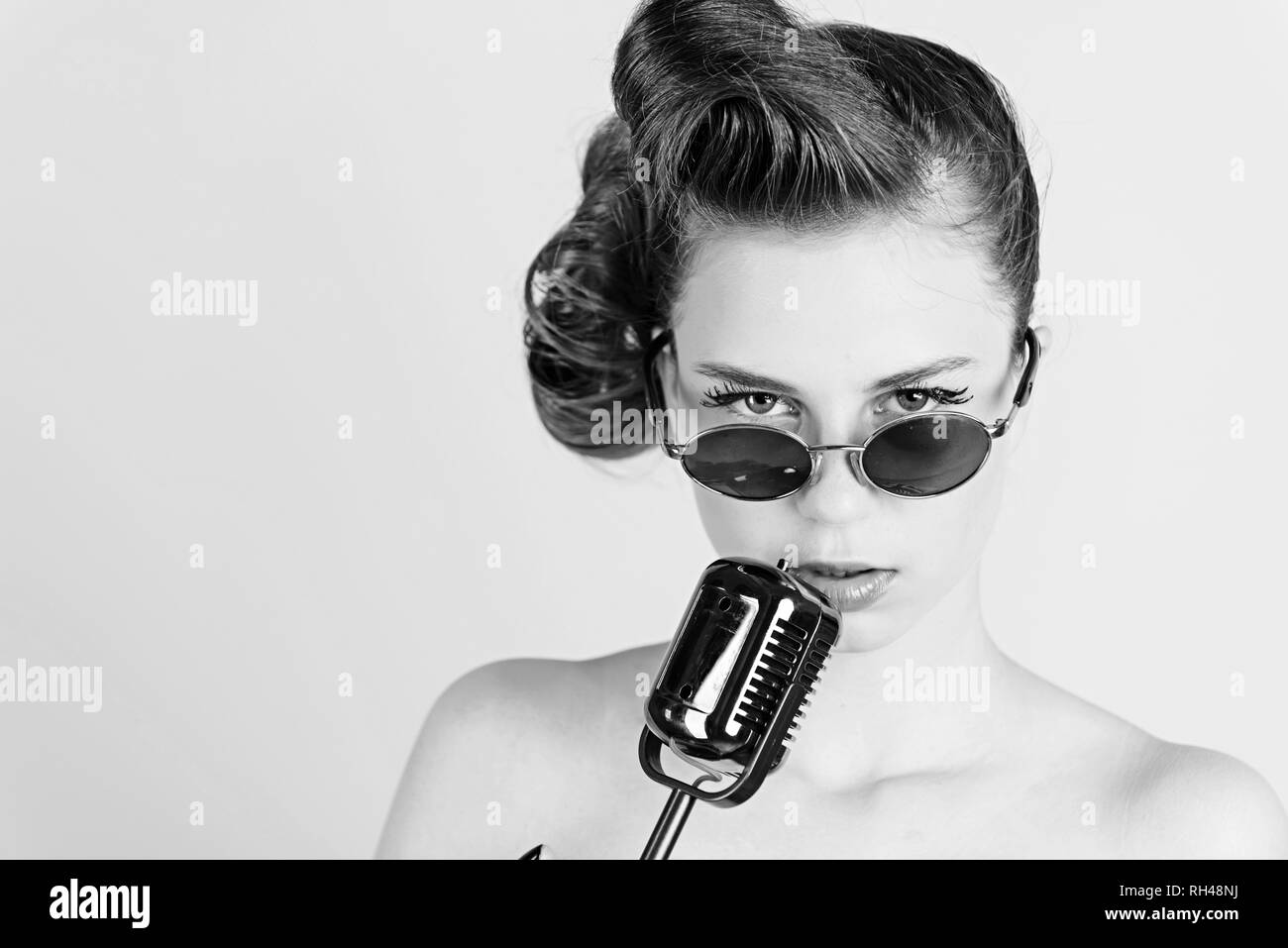 Music, look and retro style, pinup. Beauty and vintage fashion. Woman ...