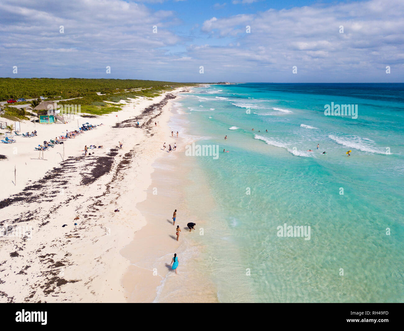 Low aerial view of Playa San Martin beach on the east side of Cozumel ...
