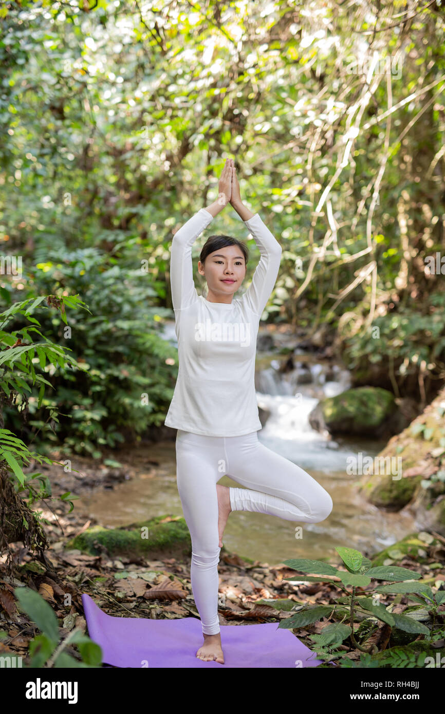 Beautiful girls are playing yoga at the park. Among the natural ...