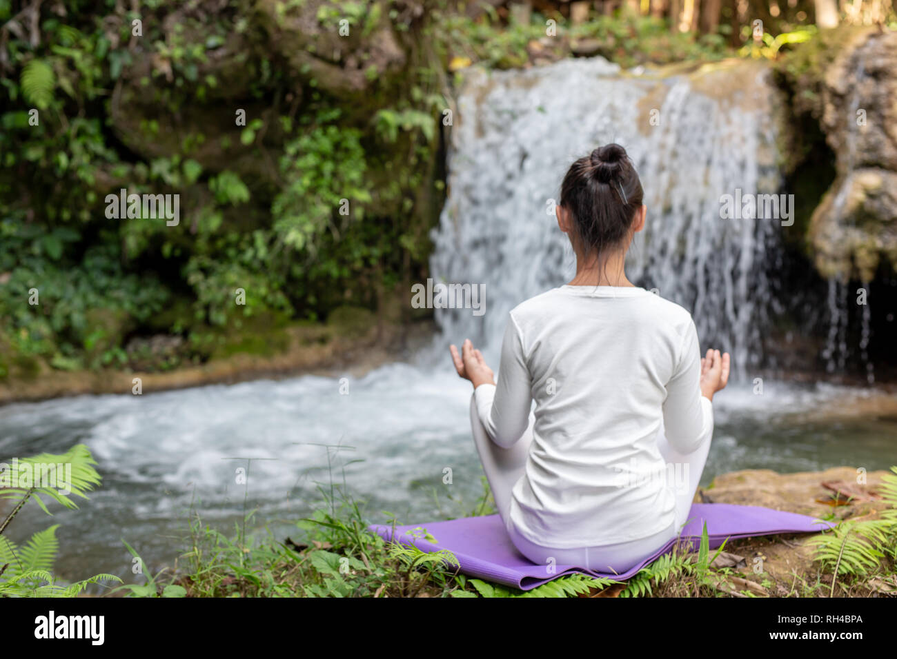 Beautiful girls are playing yoga at the park. Among the natural ...