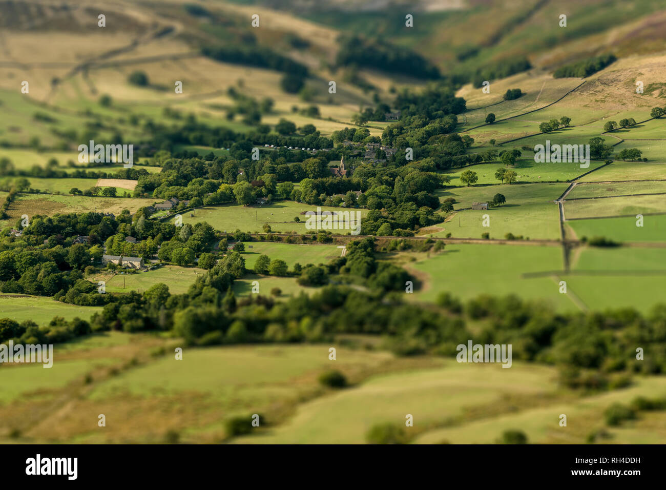 Edale village given the tilt shift look, shot from the summit of Mam ...