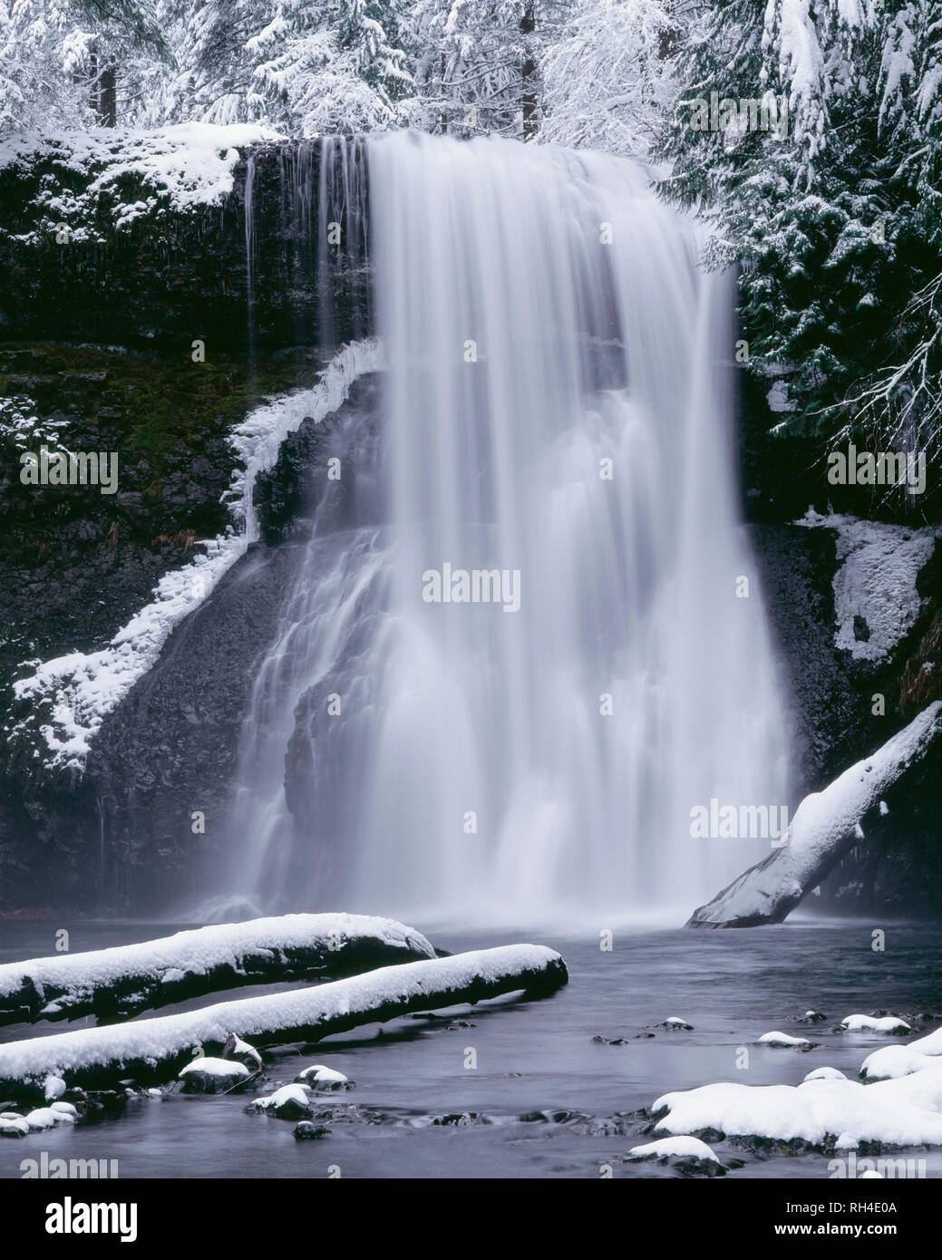 USA, Oregon, Silver Falls State Park, Winter snow and Upper North Falls ...
