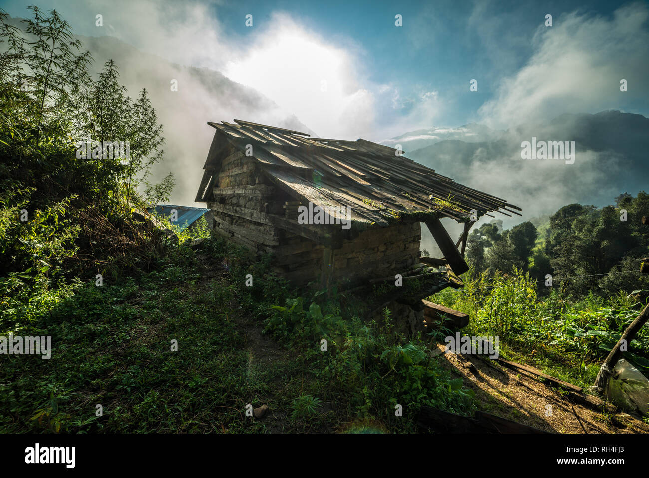 Beautiful view of traditional wooden house in mountain, India Stock ...