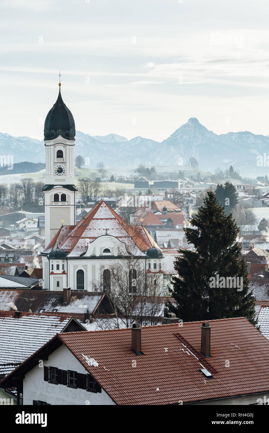 NESSELWANG, GERMANY - DECEMBER 2018: morning view over Nesselwang old ...