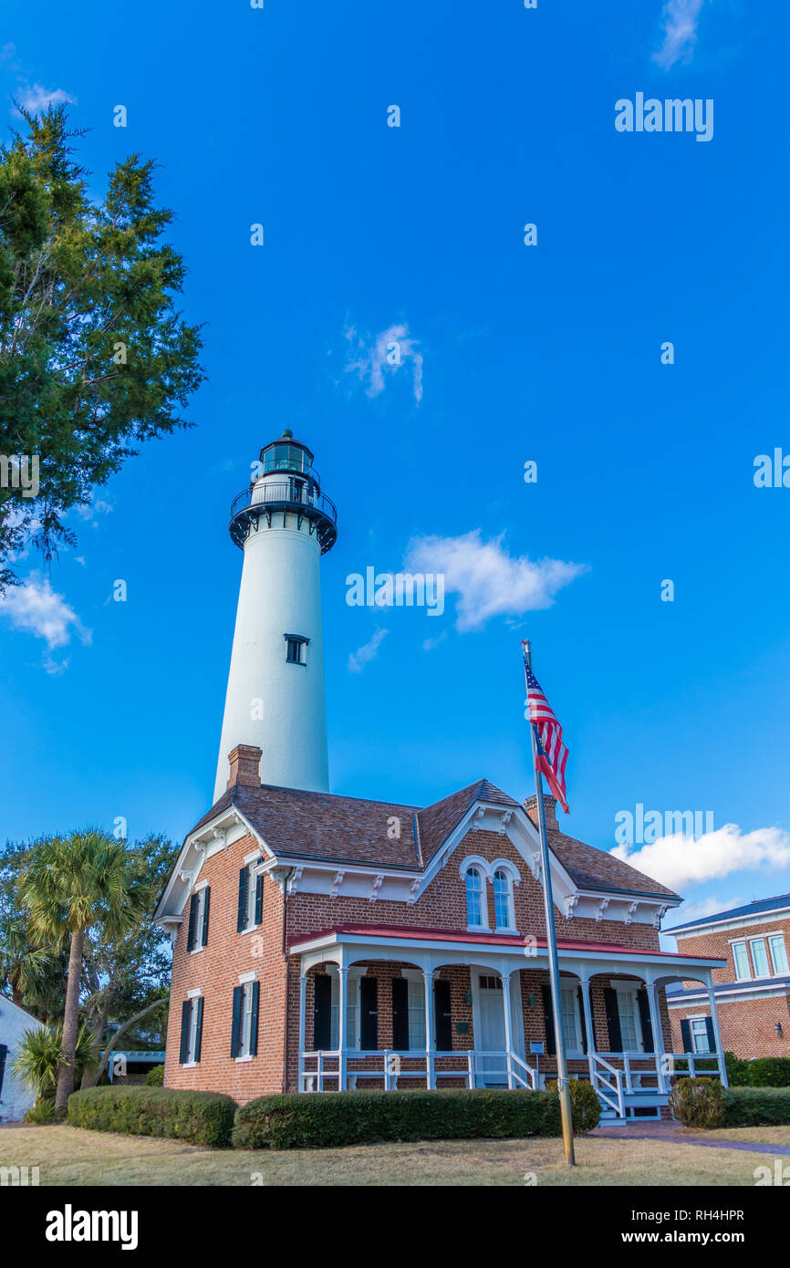A view of the old white brick lighthouse on St Simons Island, Georgia ...