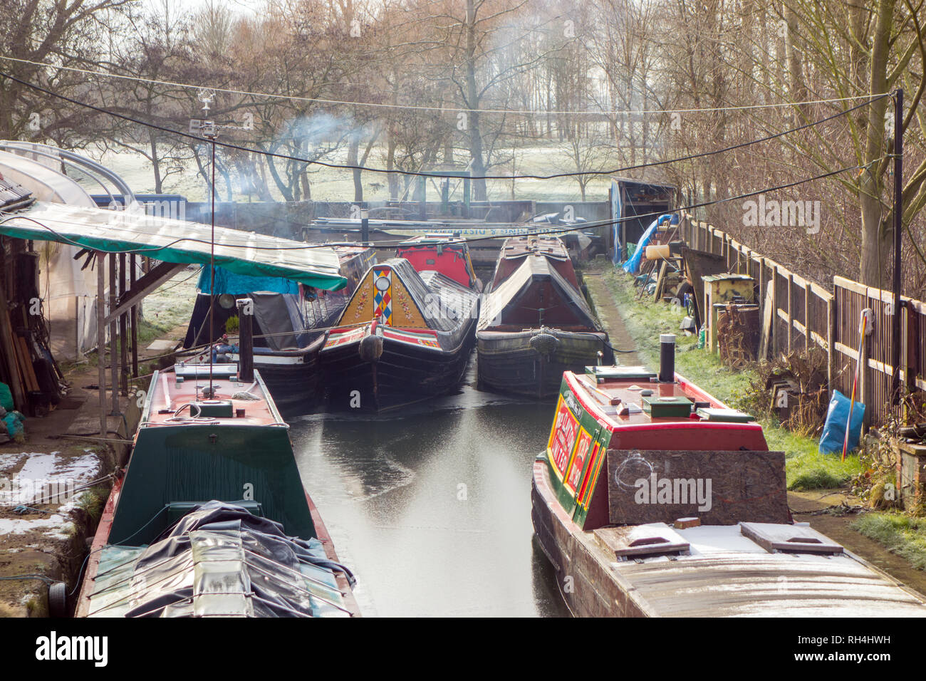 Working narrow boats in the dock at Malkins Bank canal services on the ...