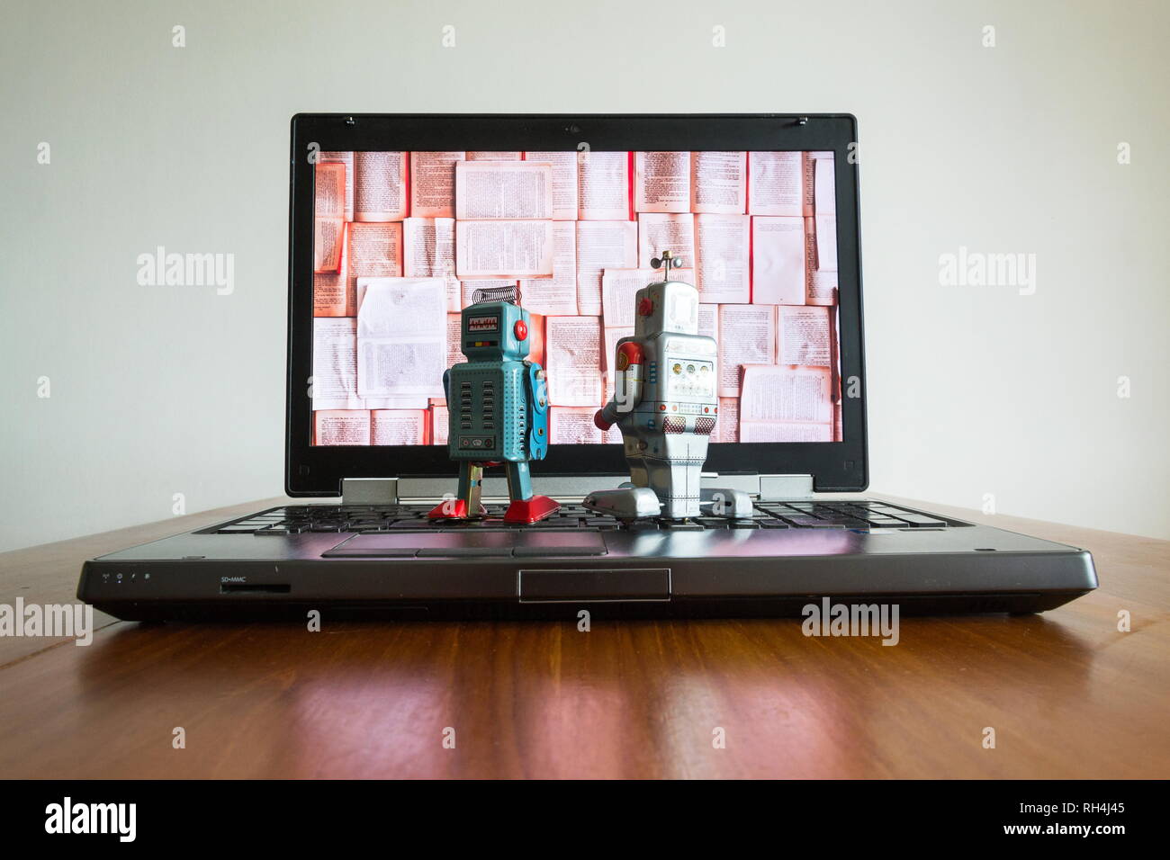 Two robots looking at laptop screen with source code, artificial ...