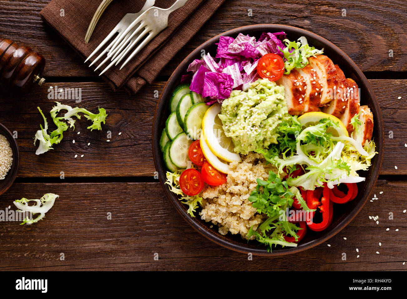 Buddha bowl dish. Healthy balanced lunch with quinoa, grilled chicken ...