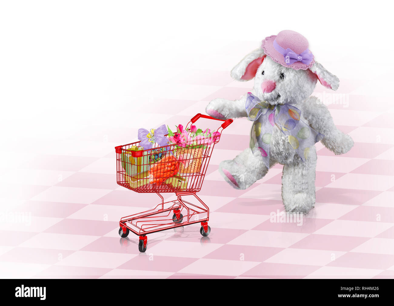 Easter bunny with shopping cart filled with traditional Easter flowers ...