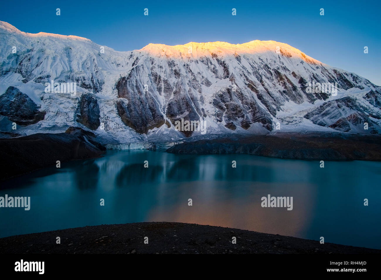 Panoramic view on Tilicho Lake and the snow covered summit of Tilicho ...
